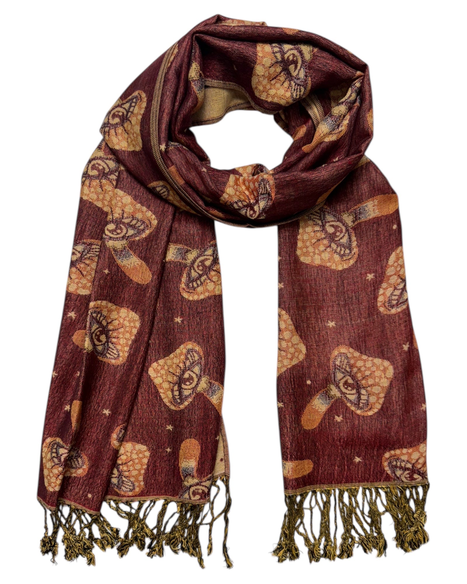 Burgundy & Tan Reversible Mushroom Rave Pashmina | Rave Scarf